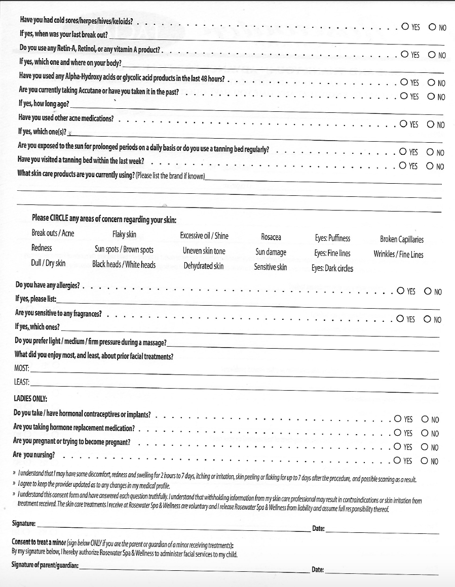 Printable Facial Form - Rosewater Spa & Wellness